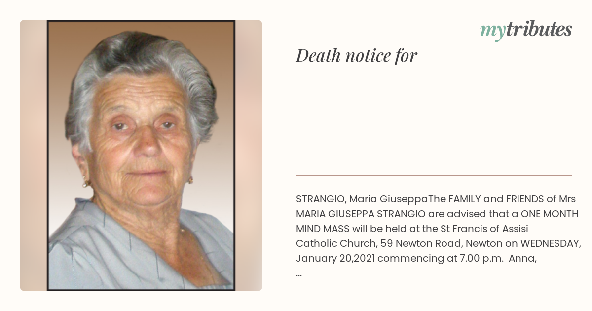 Maria Giuseppa STRANGIO | Death Notices | Adelaide | My Tributes