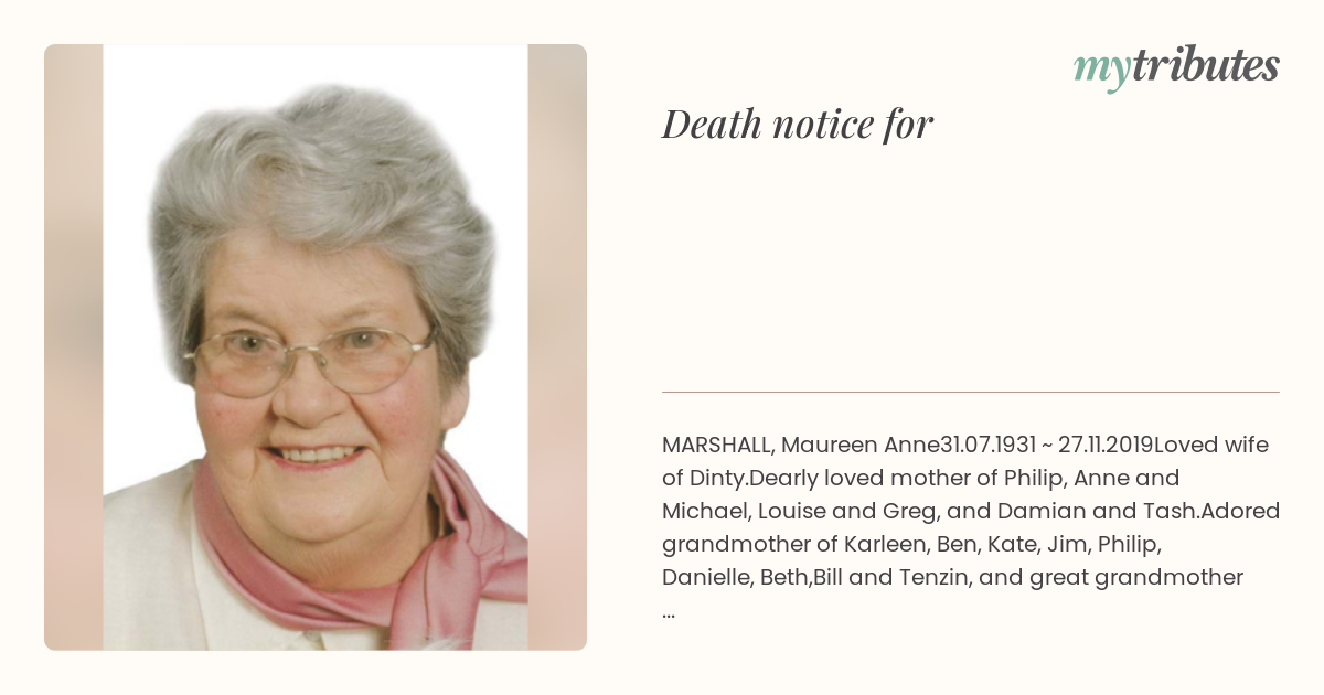 Maureen Anne Marshall | Death Notices | Adelaide | My Tributes