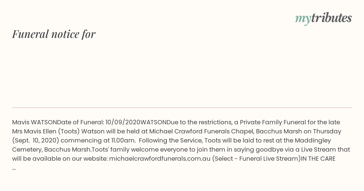 Mavis WATSON | Funeral Notices | Melbourne | Herald Sun