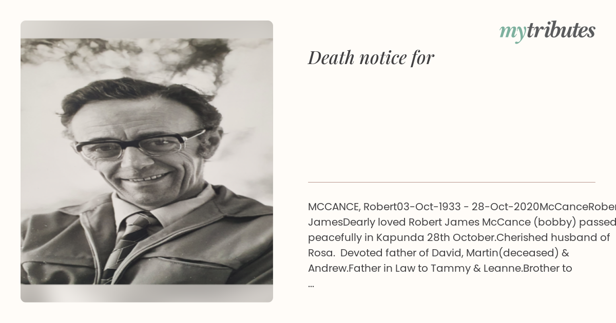 MCCANCE, Robert | Death Notices | Adelaide | My Tributes