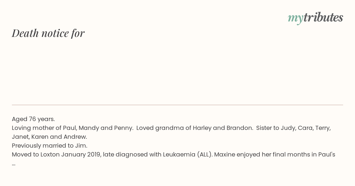 McINNES, Maxine Frances | Death Notices | Adelaide | My Tributes