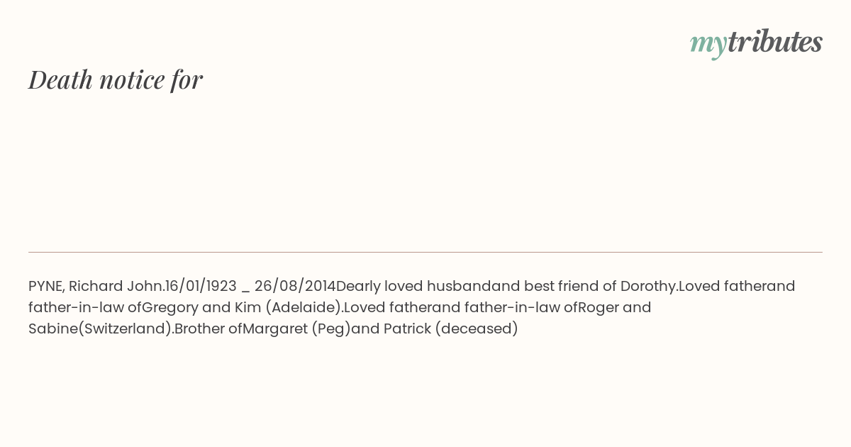 PYNE, Richard John | Death Notices | Darwin | My Tributes