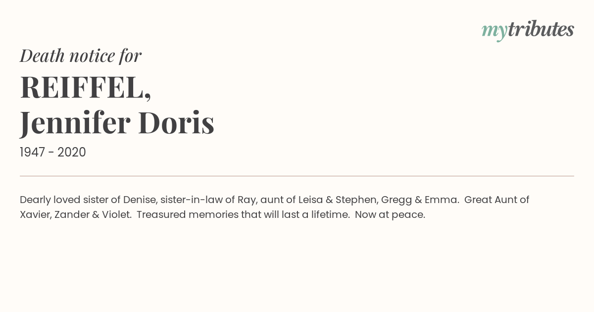 REIFFEL, Jennifer Doris | Death Notices | Melbourne | Herald Sun