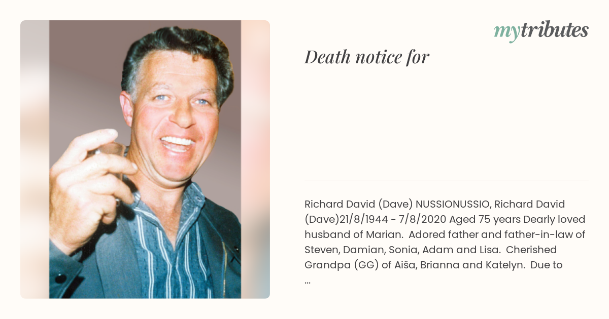 Richard David (Dave) NUSSIO | Death Notices | Adelaide | My Tributes
