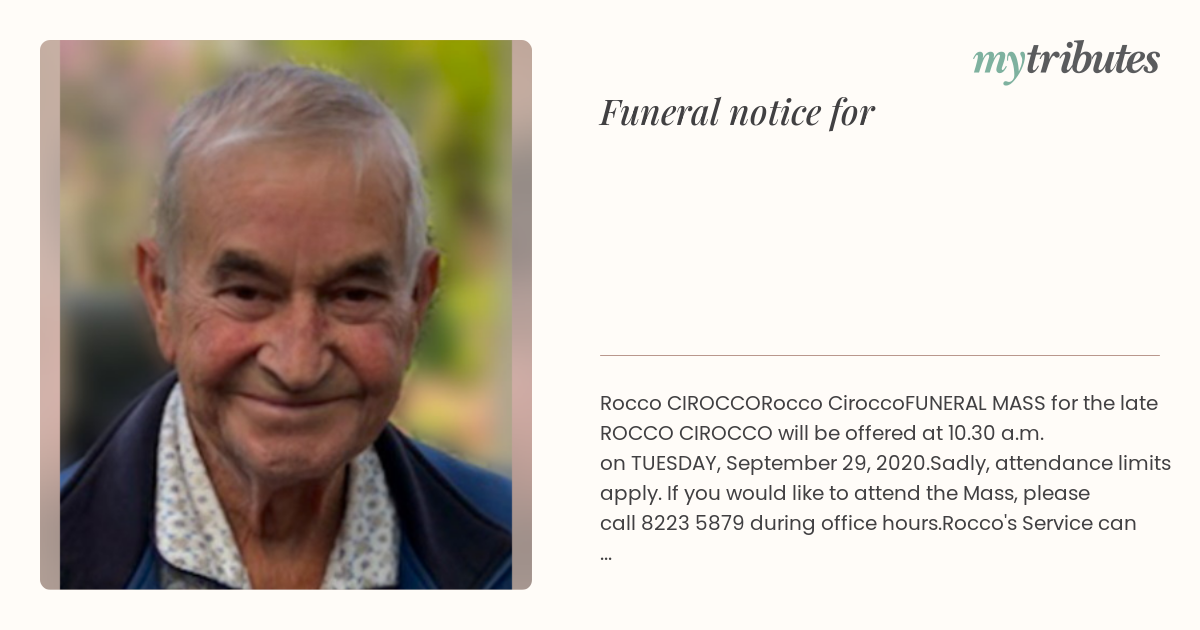 Rocco CIROCCO | Funeral Notices | Adelaide | My Tributes