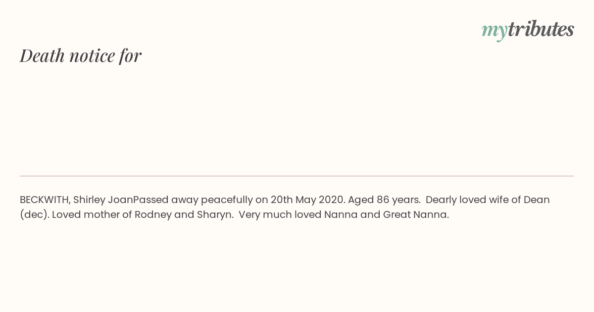 Shirley Joan Beckwith | Death Notices | Adelaide | The Advertiser