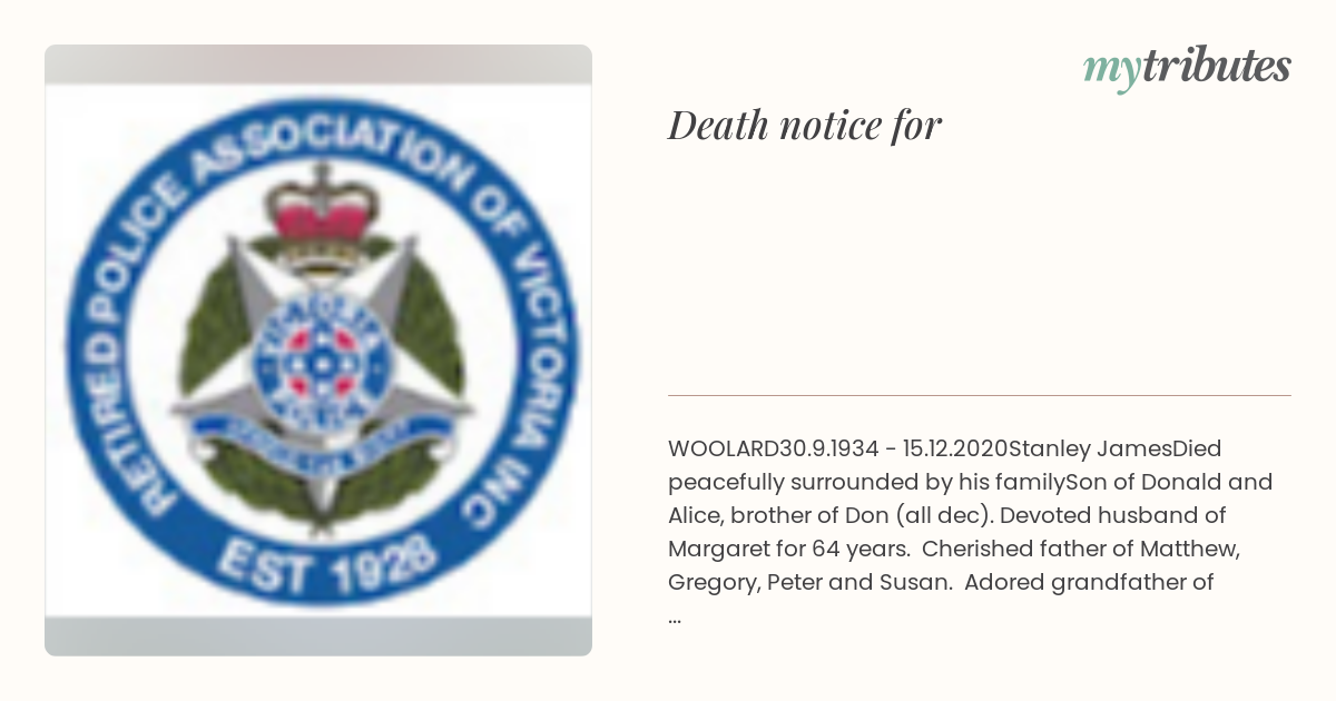 Stanley James Woolard | Death Notices | Geelong | My Tributes
