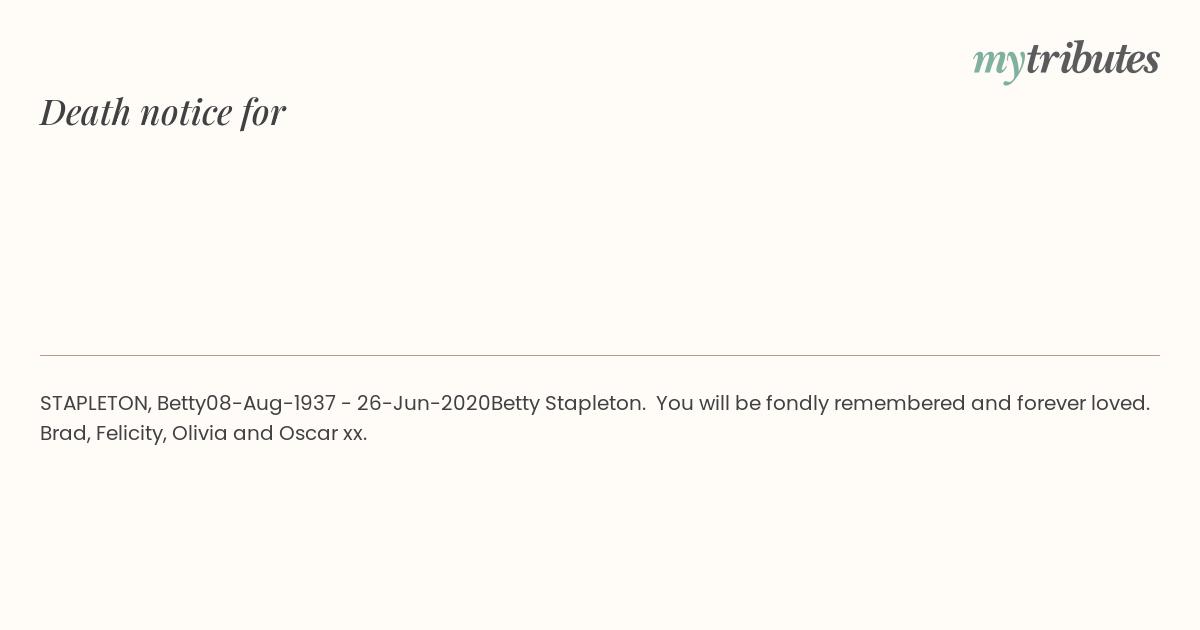 STAPLETON, Betty | Death Notices | Geelong | Townsville Bulletin