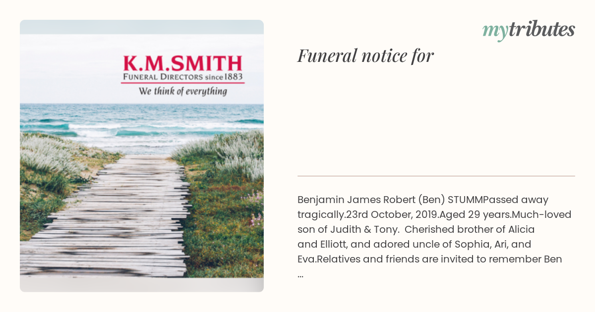 STUMM, Benjamin James Robert (Ben) | Funeral Notices | Brisbane | My ...