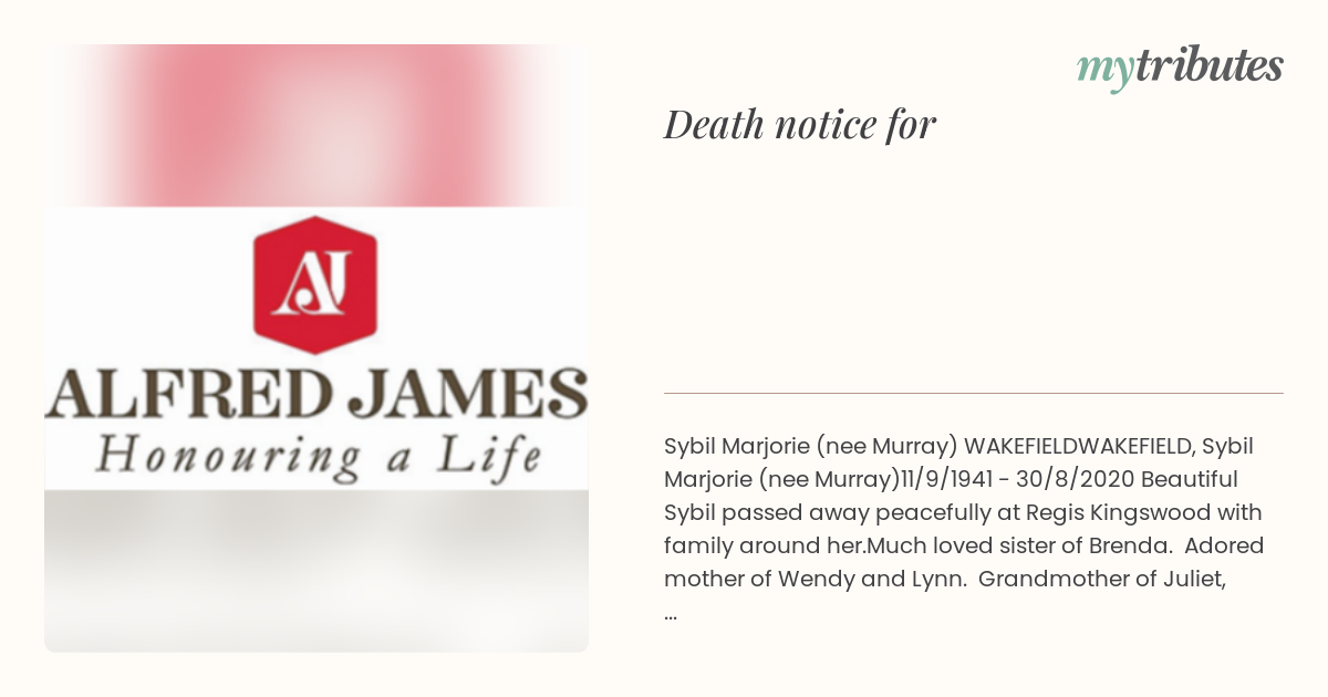 Sybil Marjorie (nee Murray) WAKEFIELD | Death Notices | Adelaide | My ...
