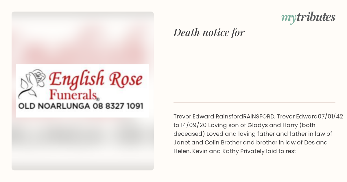 Trevor Edward Rainsford | Death Notices | Adelaide | My Tributes
