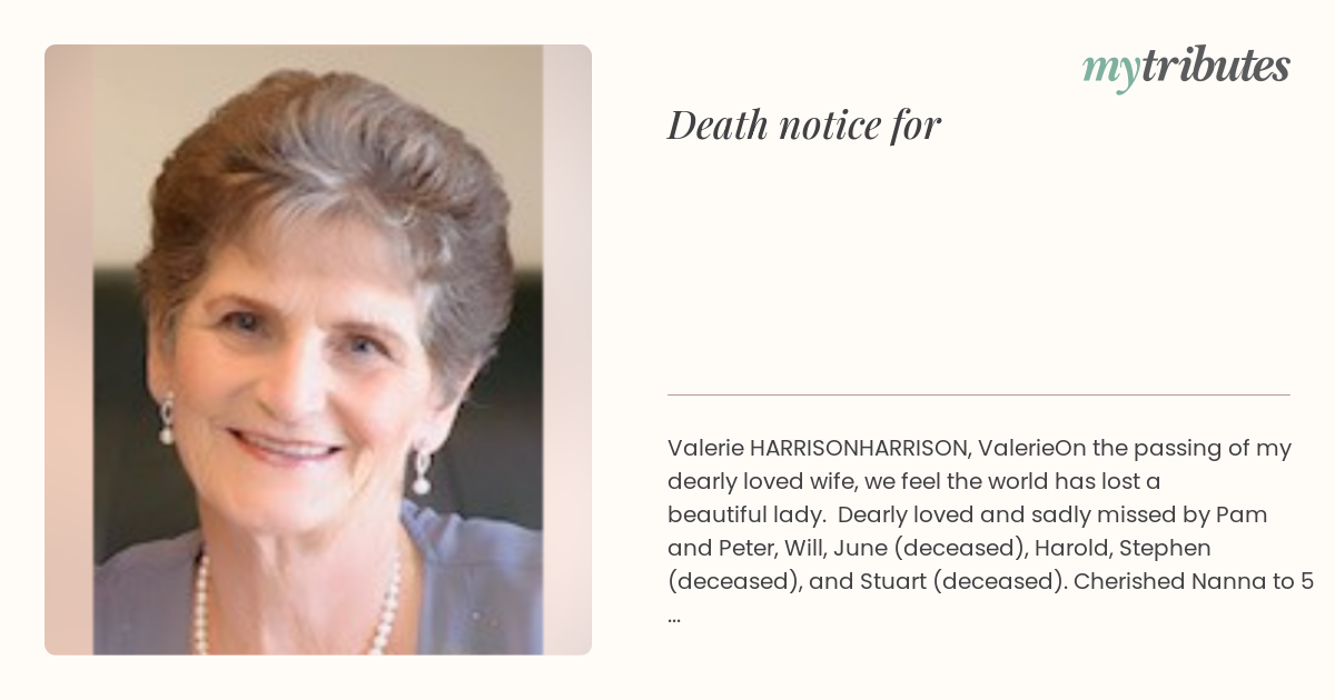 Valerie HARRISON | Death Notices | Adelaide | My Tributes