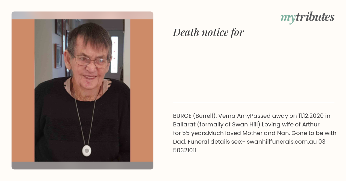 Verna Amy Burge | Death Notices | Melbourne | My Tributes