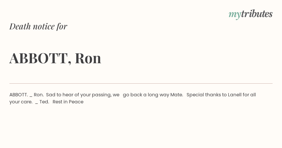 ABBOTT, Ron | Death Notices | Melbourne | My Tributes