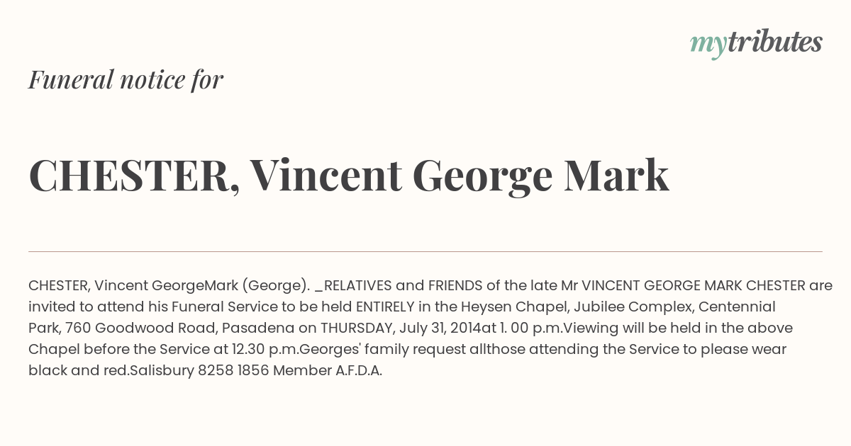 CHESTER, Vincent George Mark | Funeral Notices | Darwin | My Tributes
