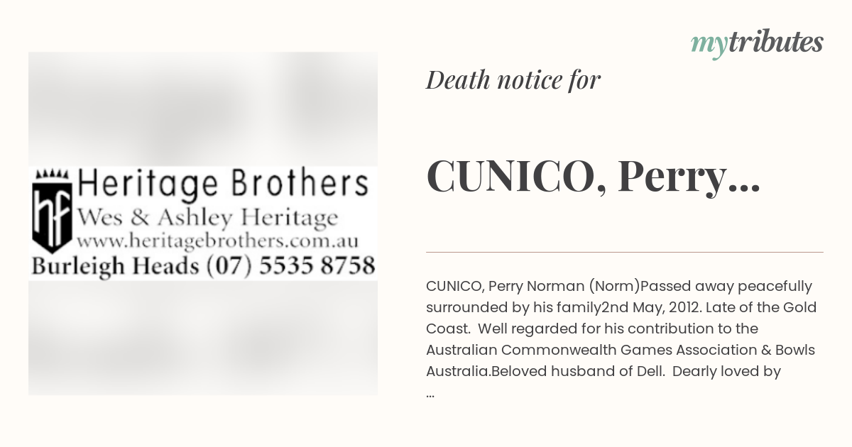 CUNICO, Perry Norman (Norm) | Death Notices | Sydney | Herald Sun