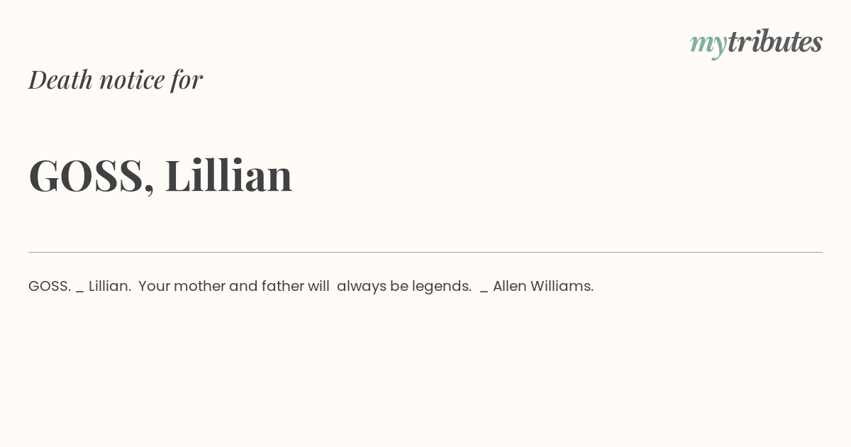 GOSS, Lillian | Death Notices | Melbourne | My Tributes