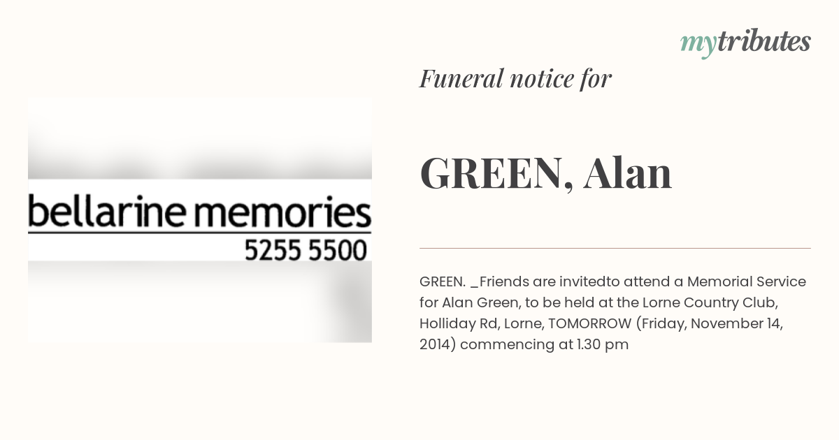 GREEN, Alan | Funeral Notices | Geelong | My Tributes