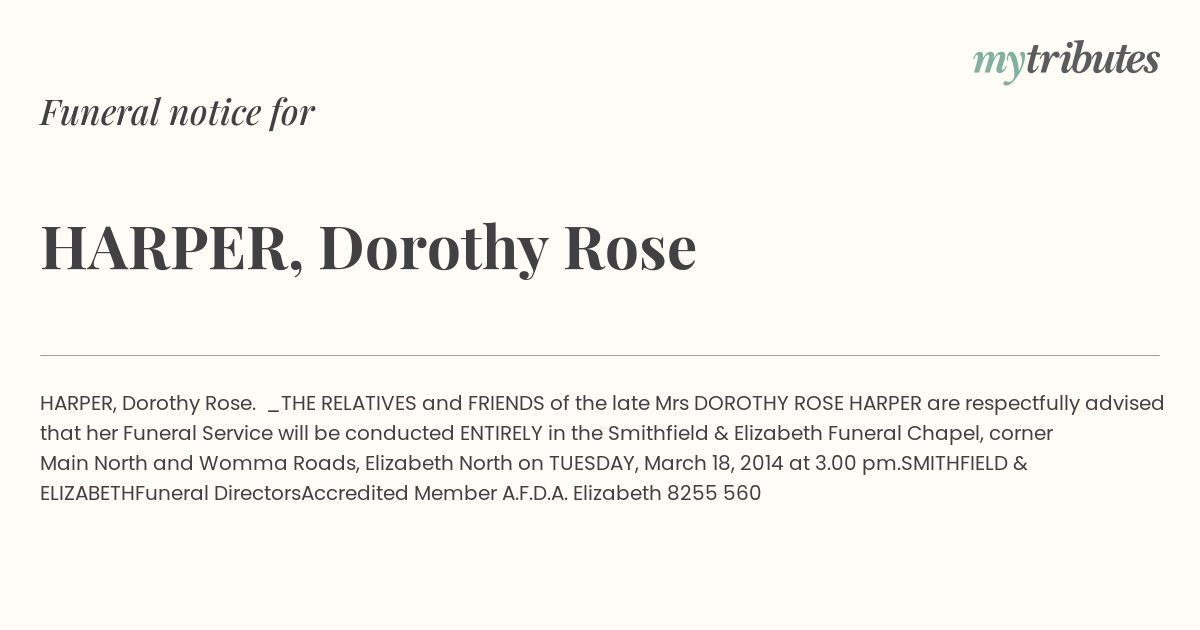 HARPER, Dorothy Rose | Funeral Notices | Darwin | My Tributes