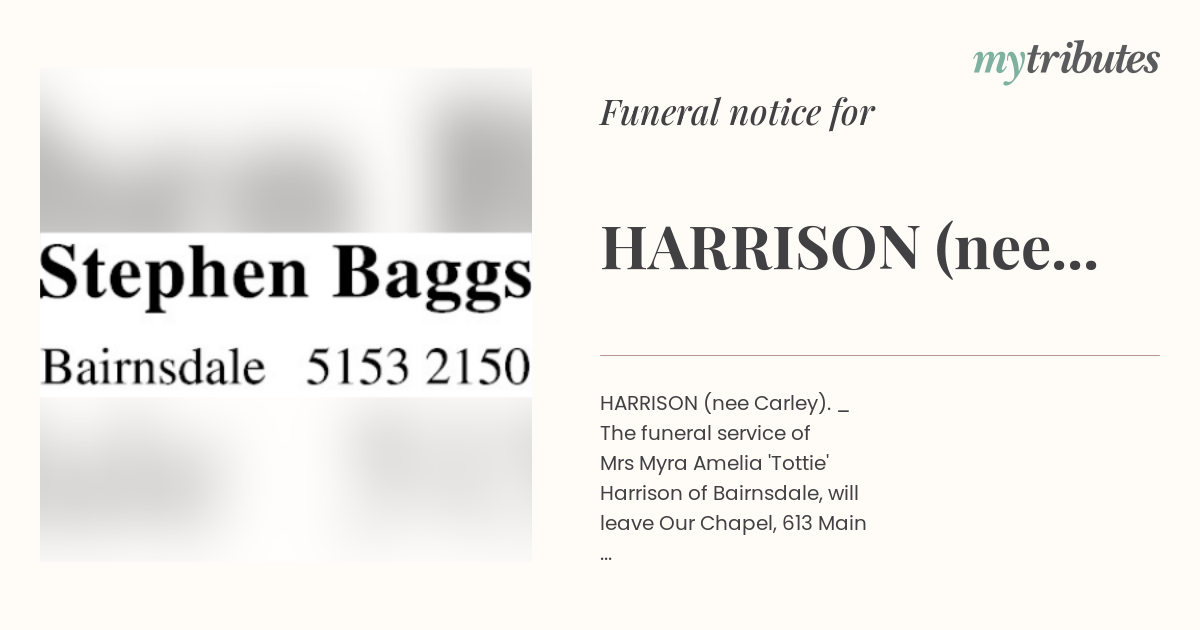 HARRISON (nee Carley) | Funeral Notices | Melbourne | My Tributes