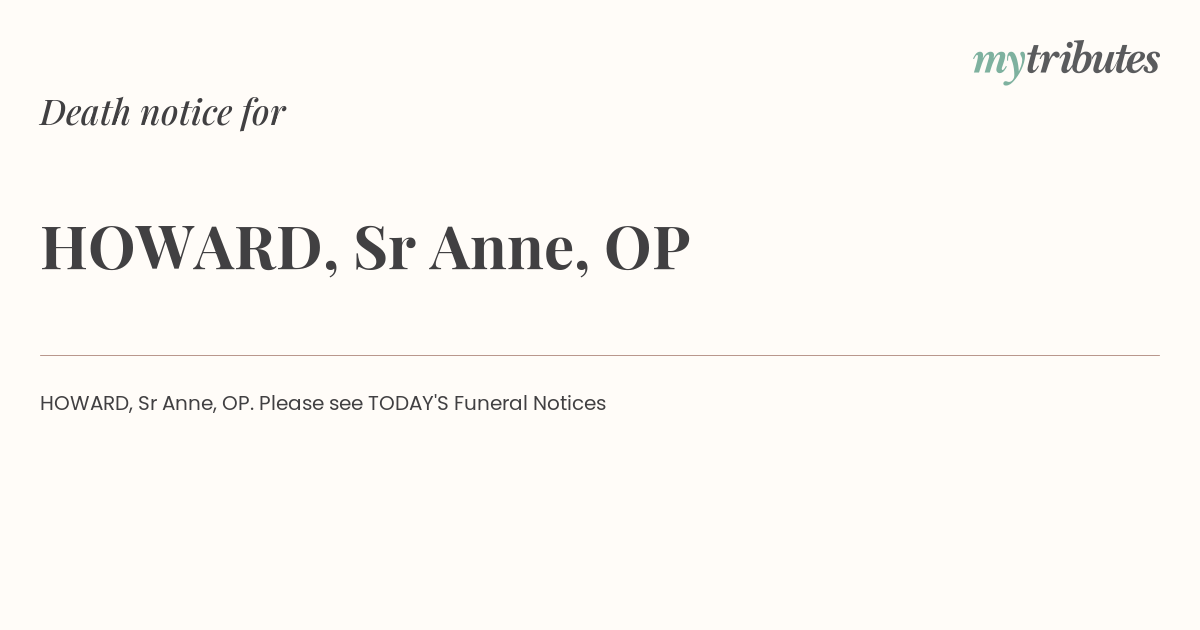 HOWARD, Sr Anne, OP | Death Notices | Darwin | My Tributes