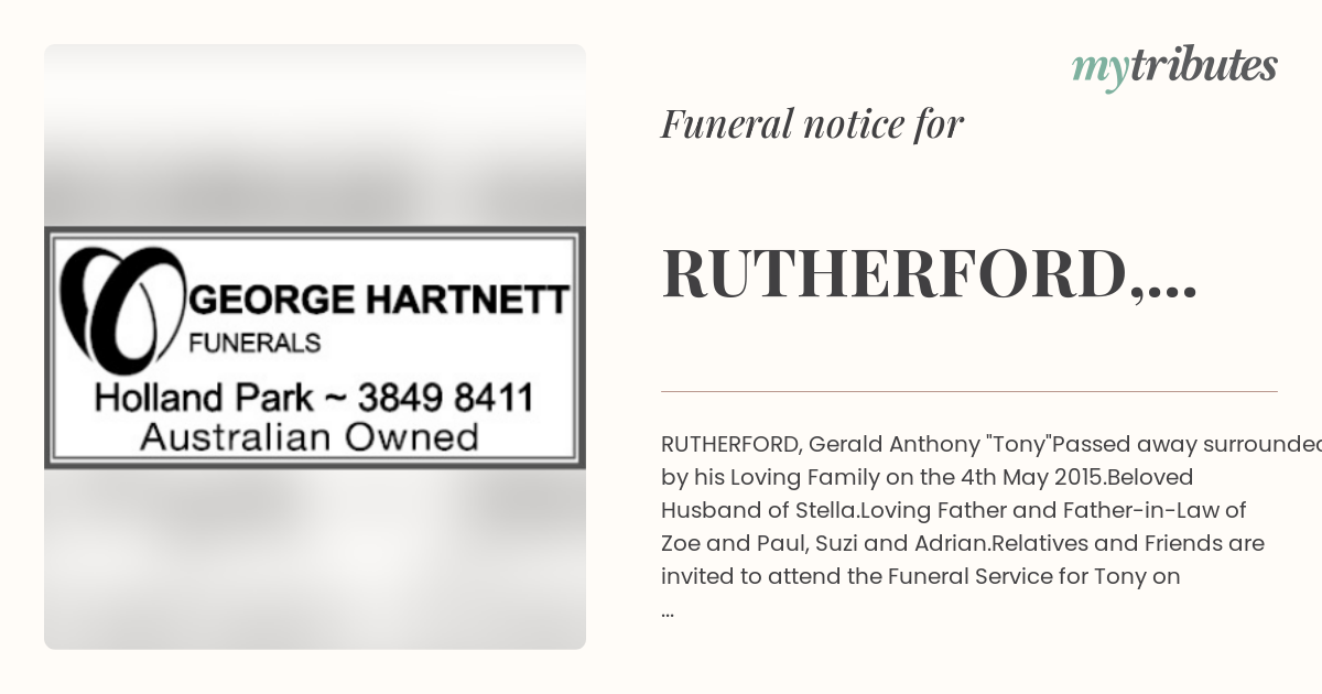 RUTHERFORD, Gerald Anthony | Funeral Notices | Brisbane | My Tributes