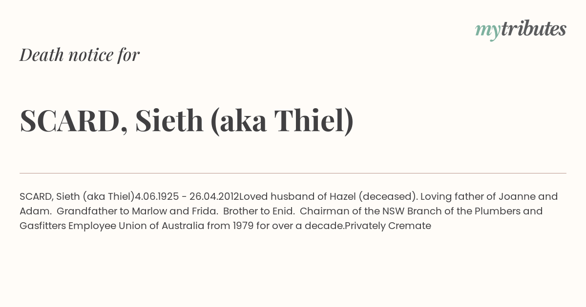 SCARD, Sieth (aka Thiel) | Death Notices | Sydney | My Tributes