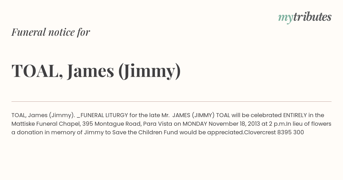 TOAL, James (Jimmy) | Funeral Notices | Darwin | My Tributes