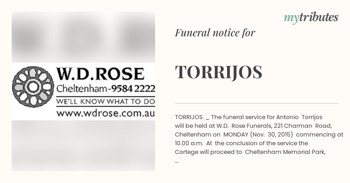 TORRIJOS | Funeral Notices | Melbourne | My Tributes