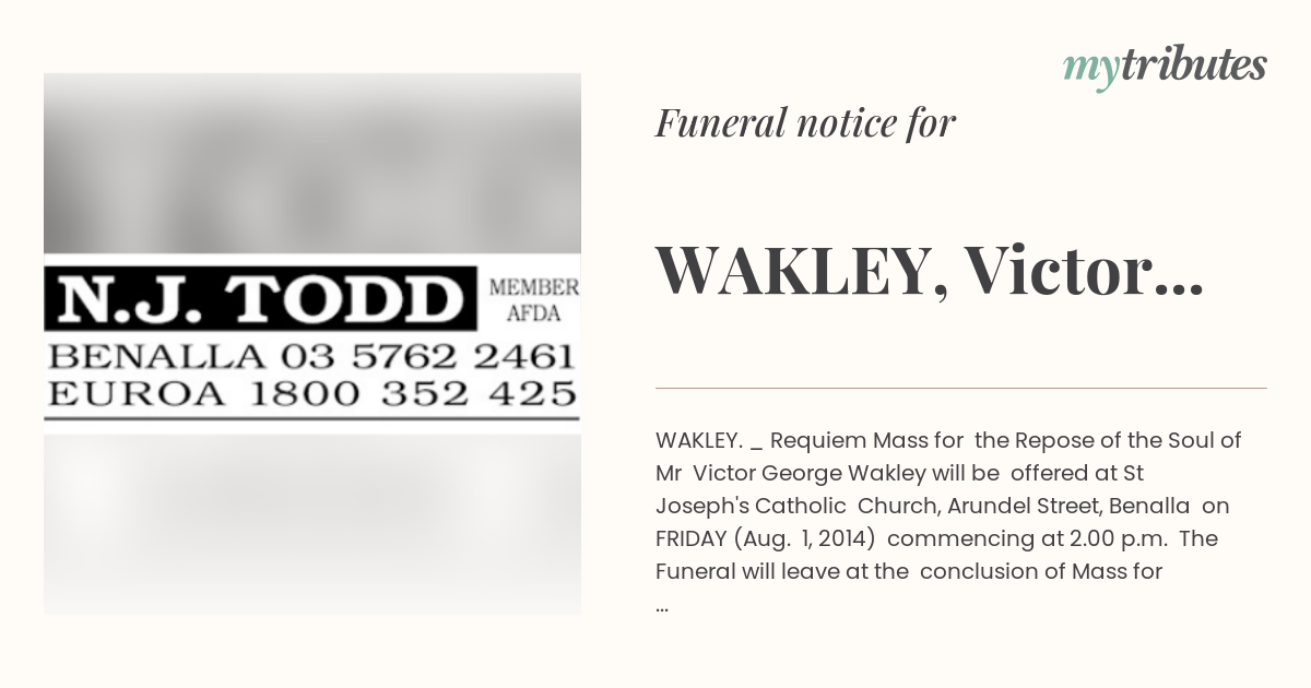 WAKLEY, Victor George | Funeral Notices | Melbourne | My Tributes