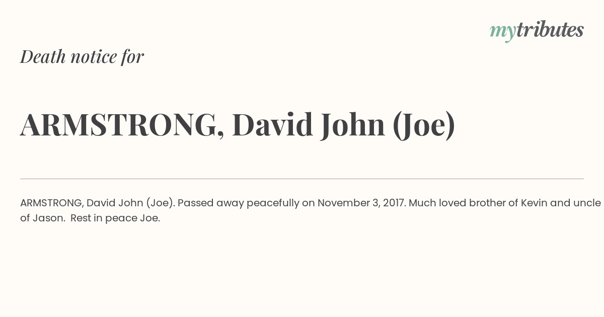 ARMSTRONG, David John (Joe) | Death Notices | Tasmania | The Mercury