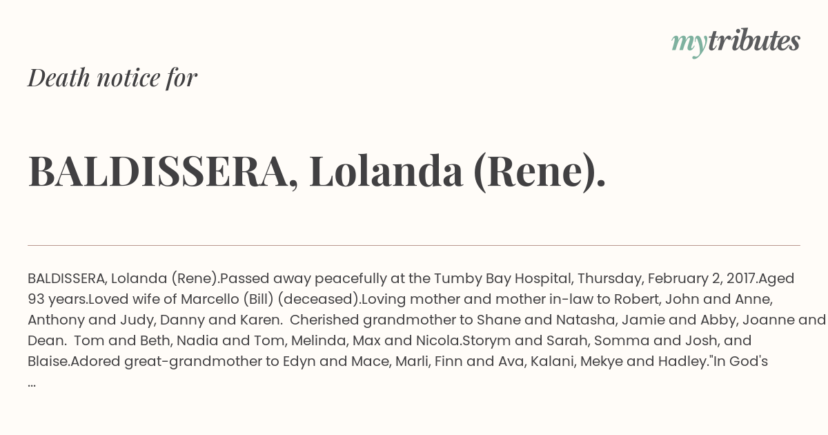 BALDISSERA, Lolanda (Rene). | Death Notices | Darwin | The Courier Mail