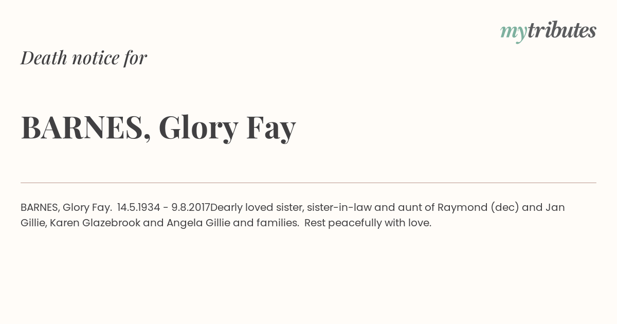 BARNES, Glory Fay | Death Notices | Tasmania | The Mercury