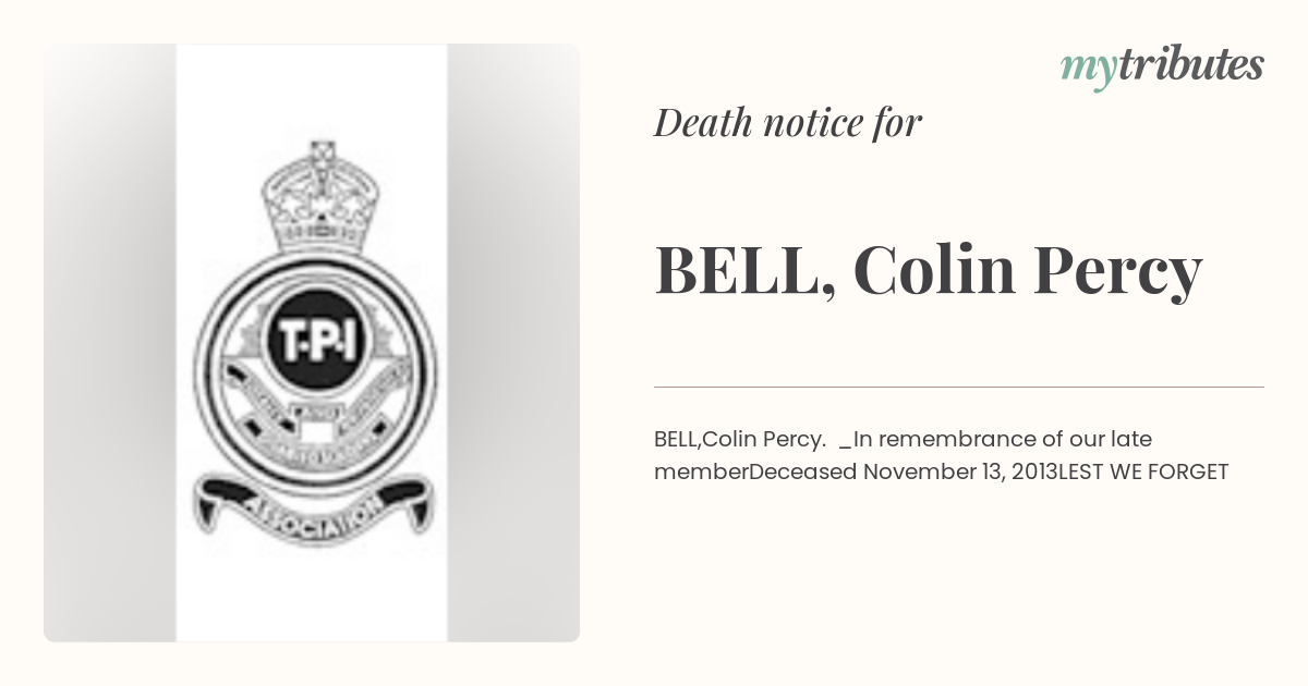 BELL, Colin Percy | Death Notices | Darwin | My Tributes