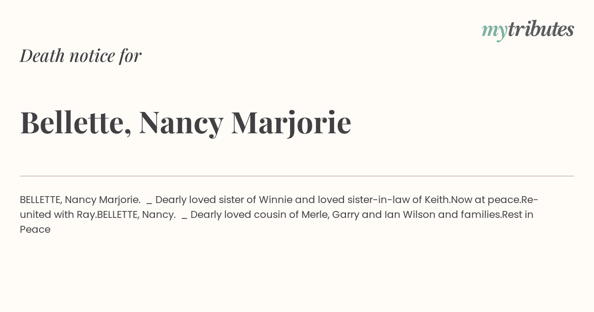 Bellette, Nancy Marjorie | Death Notices | Tasmania | The Mercury