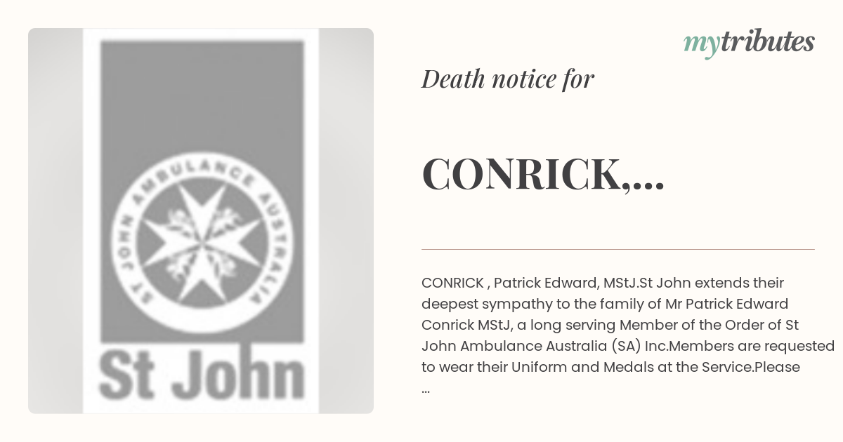 CONRICK, Patrick Edward, MStJ | Death Notices | Darwin | My Tributes