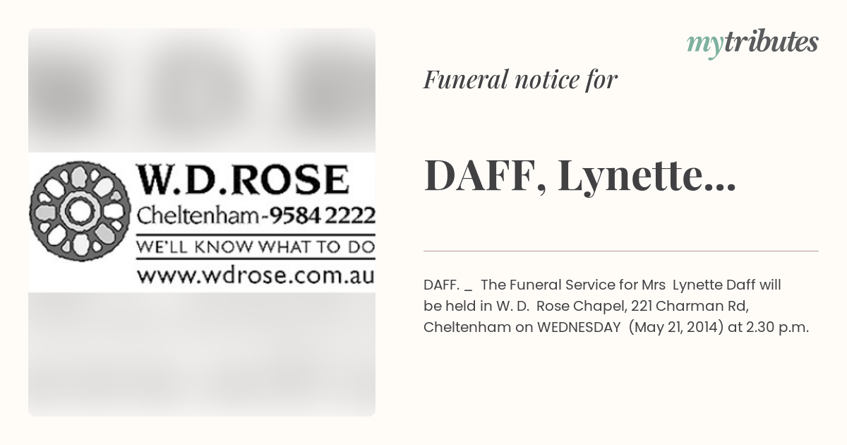 DAFF, Lynette (Lyn) | Funeral Notices | Melbourne | My Tributes