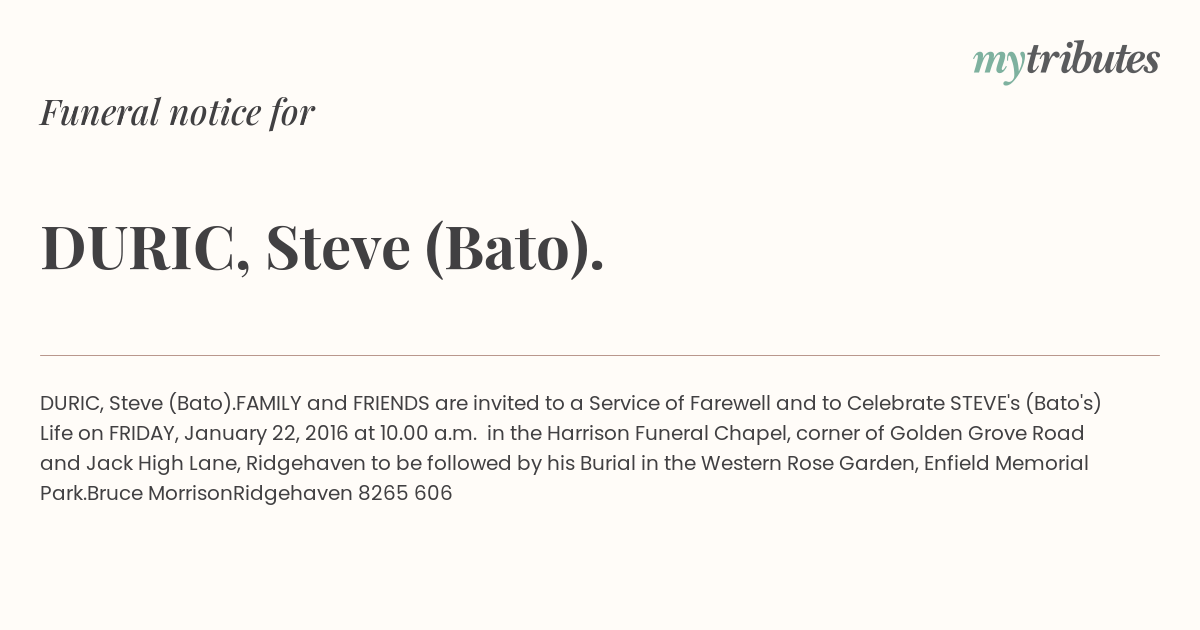 DURIC, Steve (Bato). | Funeral Notices | Darwin | My Tributes