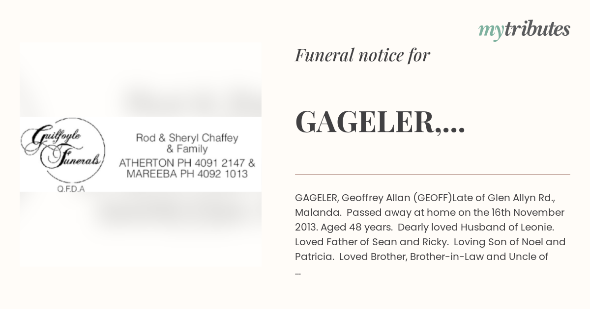 GAGELER, Geoffrey Allan (GEOFF) | Funeral Notices | Cairns | My Tributes