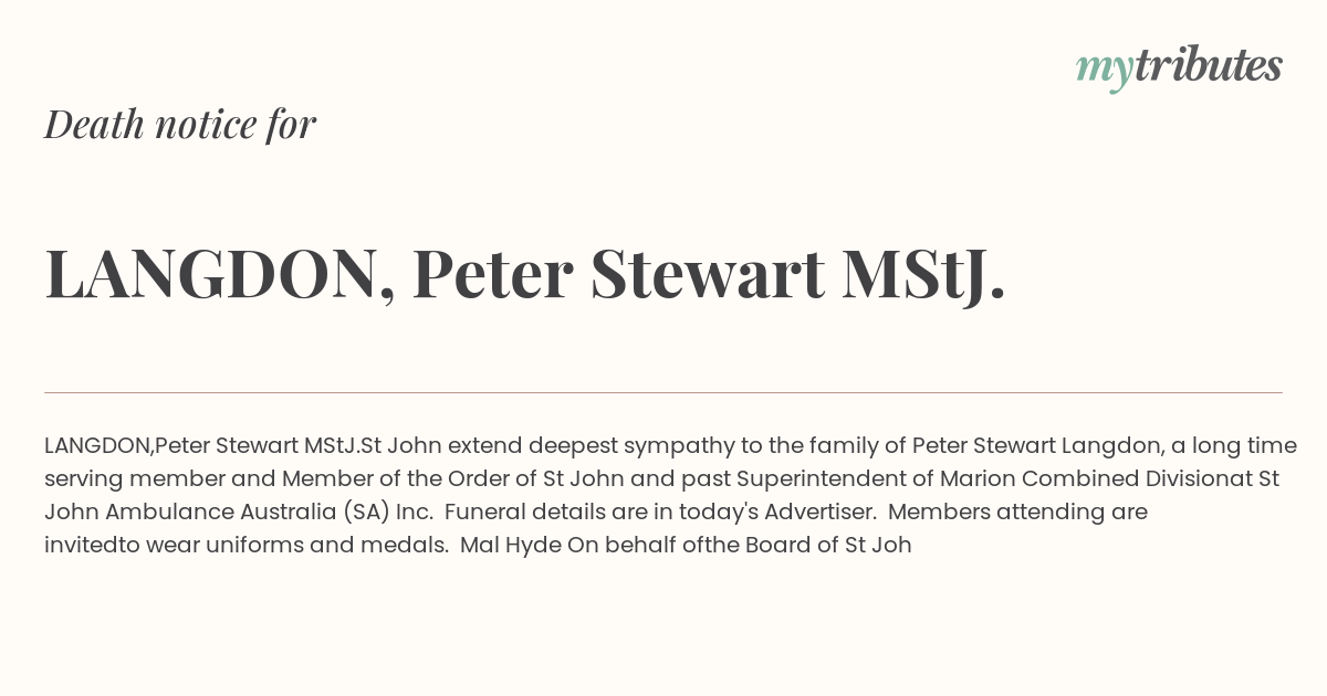 LANGDON, Peter Stewart MStJ. | Death Notices | Darwin | My Tributes