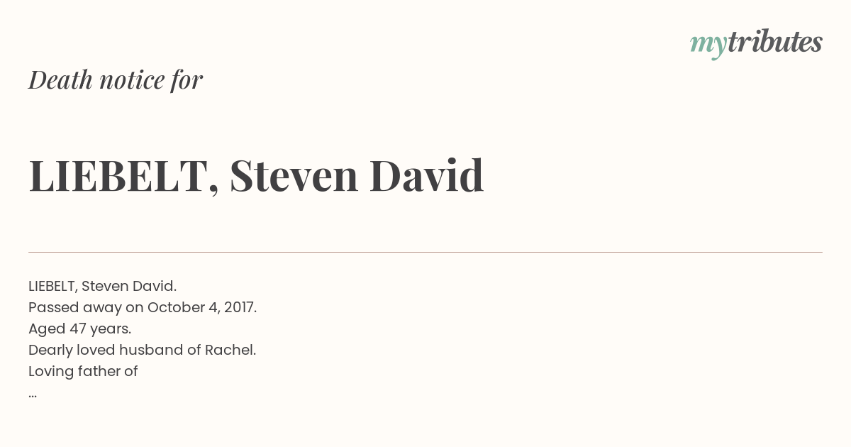 LIEBELT, Steven David | Death Notices | Darwin | My Tributes