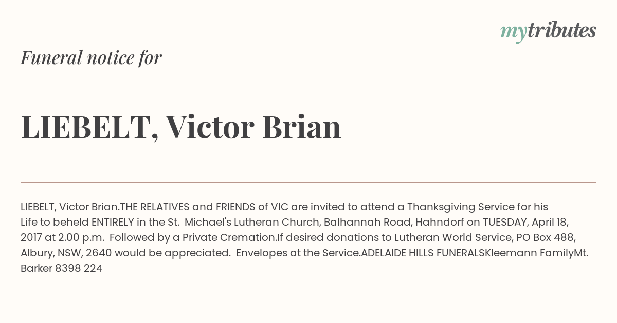 LIEBELT, Victor Brian | Funeral Notices | Darwin | My Tributes