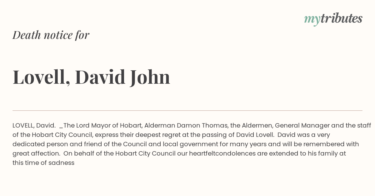 Lovell, David John | Death Notices | Tasmania | My Tributes