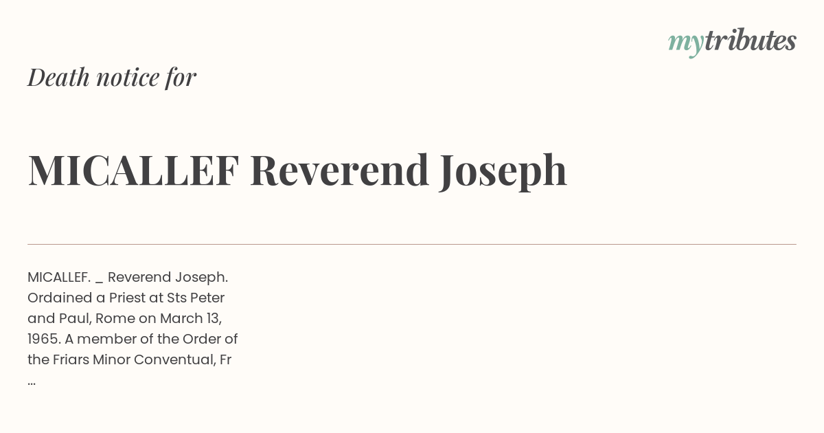 MICALLEF Reverend Joseph | Death Notices | Melbourne | My Tributes