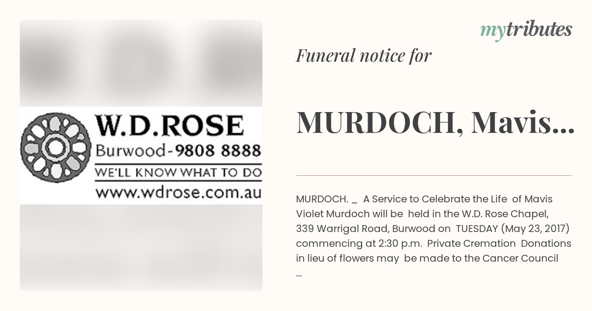 MURDOCH, Mavis Violet | Funeral Notices | Melbourne | My Tributes