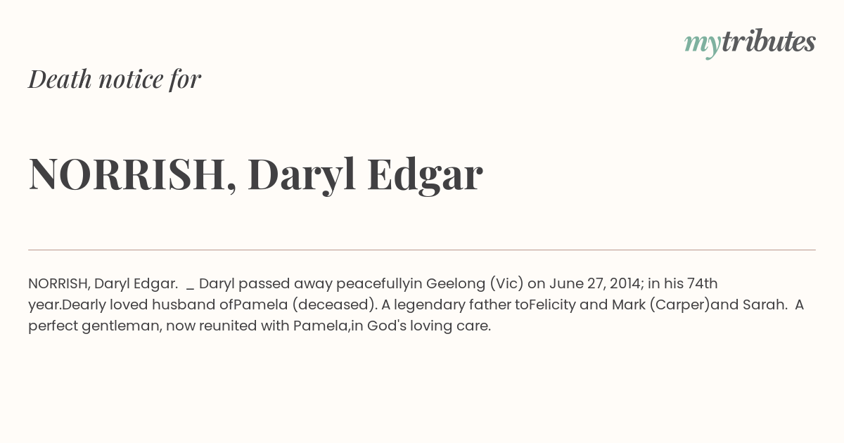 NORRISH, Daryl Edgar | Death Notices | Darwin | My Tributes