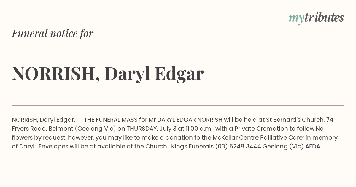 NORRISH, Daryl Edgar | Funeral Notices | Darwin | My Tributes