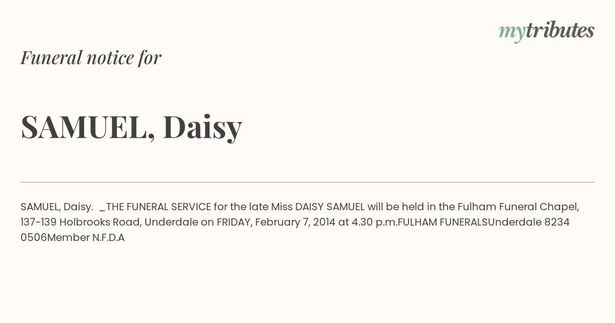 SAMUEL, Daisy | Funeral Notices | Darwin | My Tributes