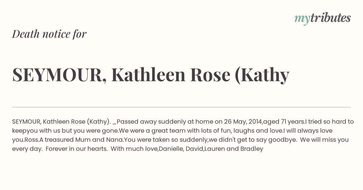 SEYMOUR, Kathleen Rose (Kathy | Death Notices | Darwin | My Tributes