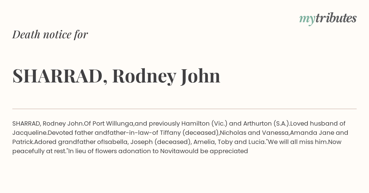 SHARRAD, Rodney John | Death Notices | Darwin | My Tributes